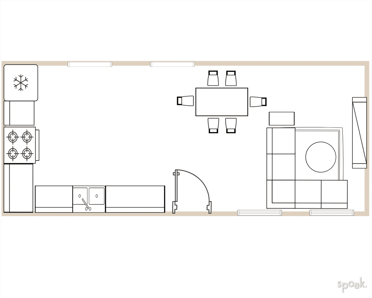 Rectangular open concept kitchen + living room layouts and floor plan ...