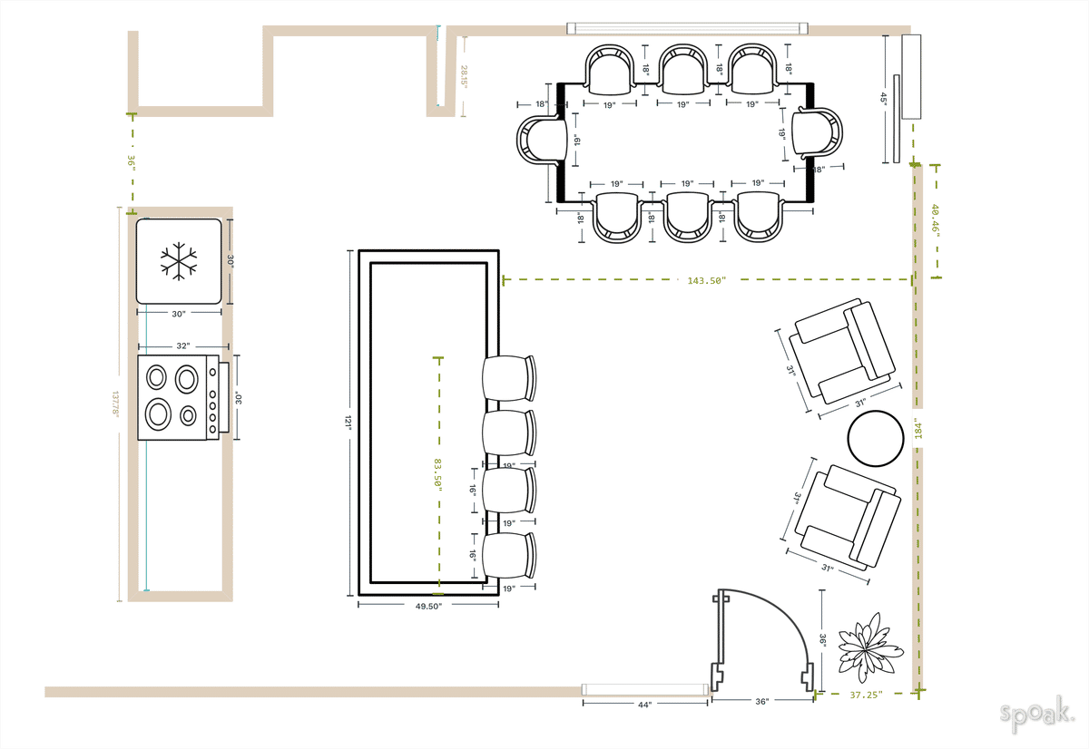 Rectangular open concept kitchen + living room layouts and floor plan ...