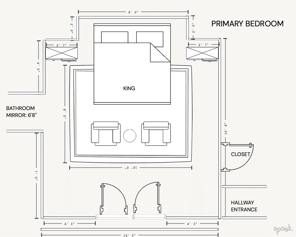 Primary bedroom layouts and floor plan ideas.