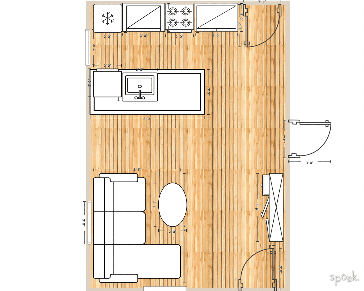 Rectangular open concept kitchen + living room layouts and floor plan ...