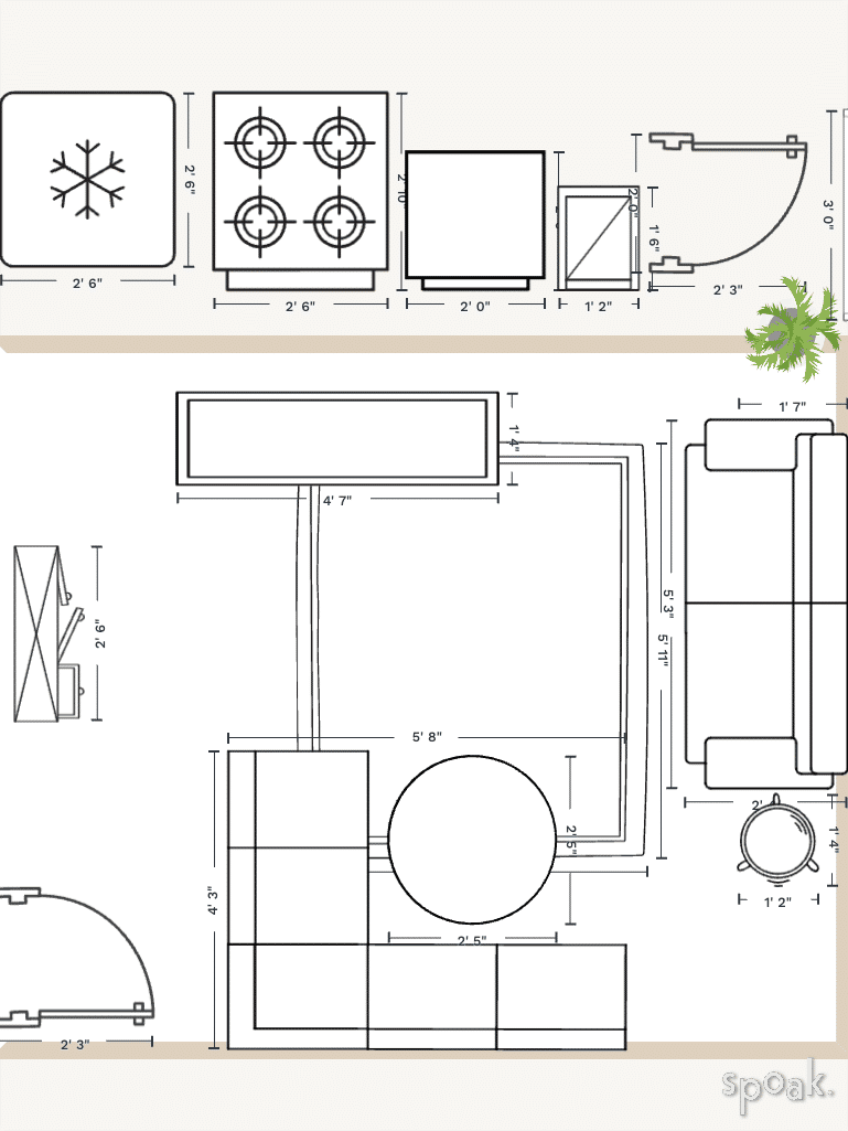 Rectangular open concept kitchen + living room layouts and floor plan ...