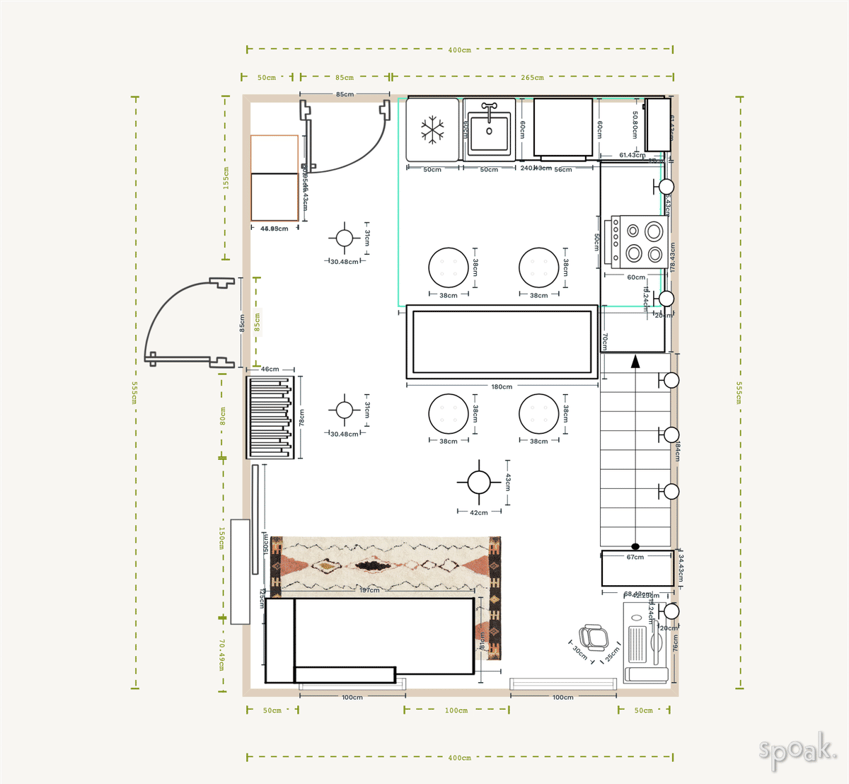Rectangular open concept kitchen + living room layouts and floor plan ...