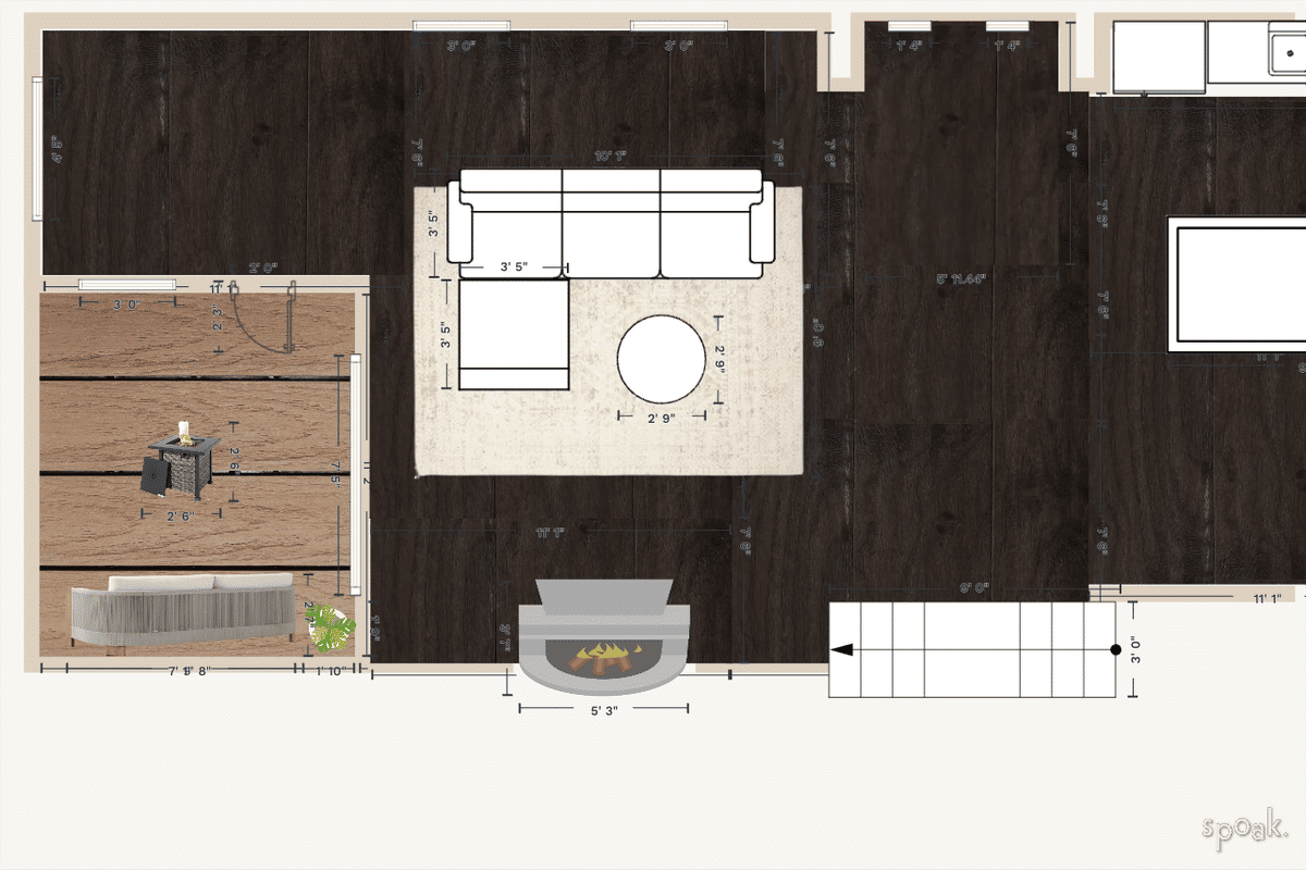 Square open concept kitchen + living room layouts and floor plan ideas.