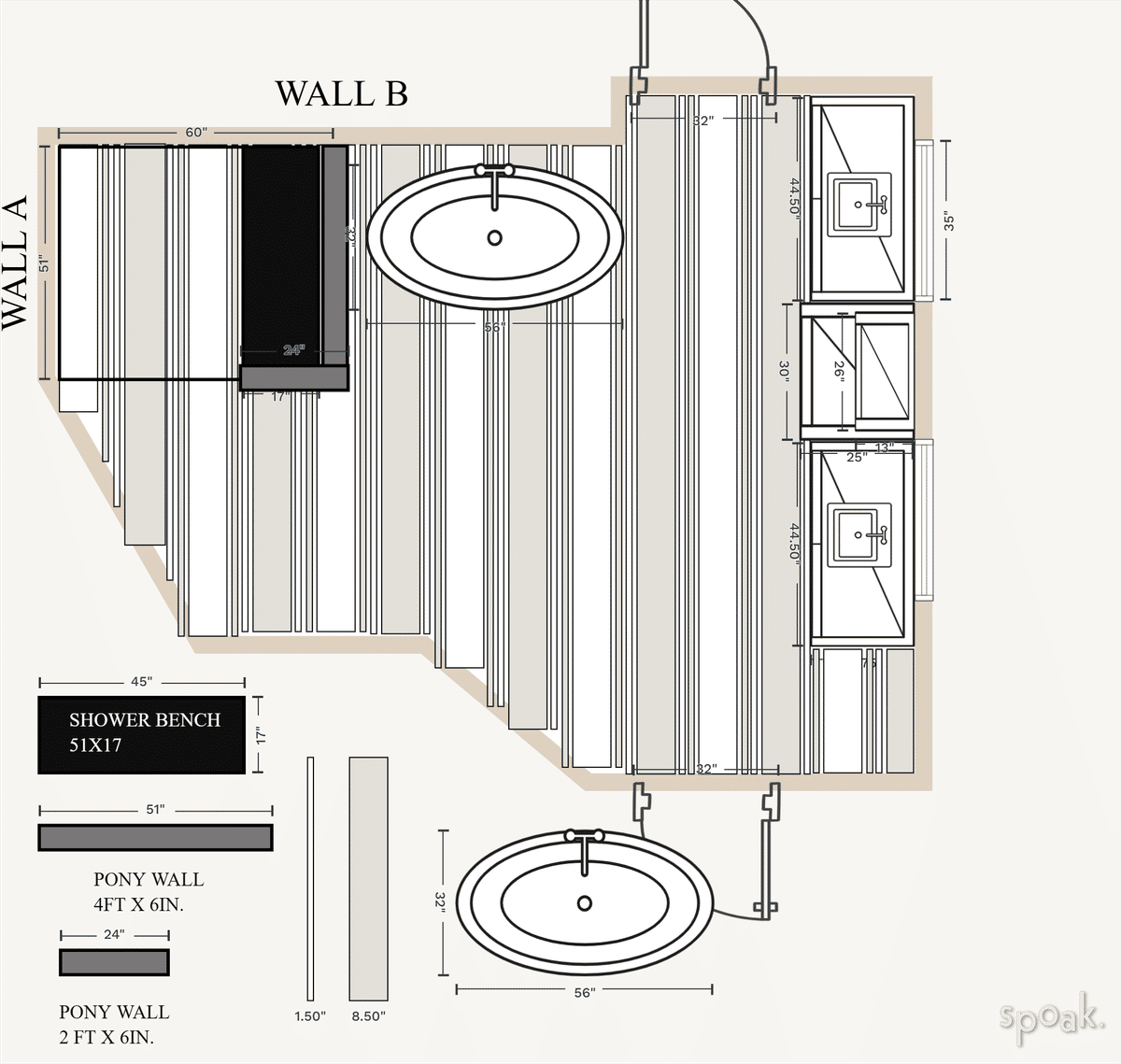 Large bathroom layouts and floor plan ideas.