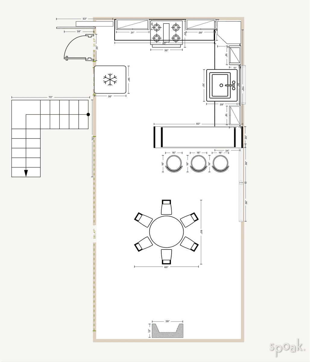 Rectangular open concept kitchen + living room layouts and floor plan ...