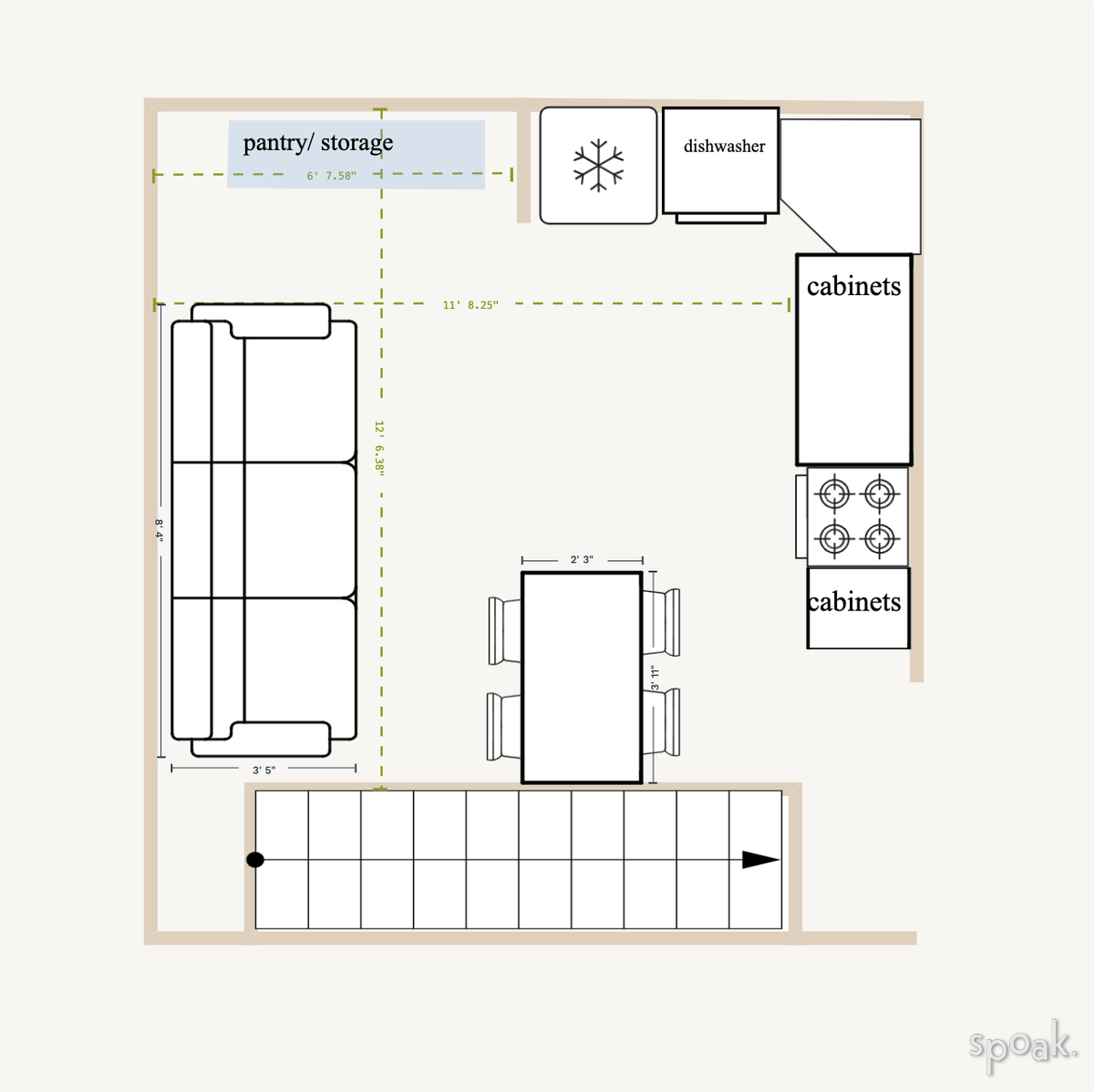 Rectangular open concept kitchen + living room layouts and floor plan ...