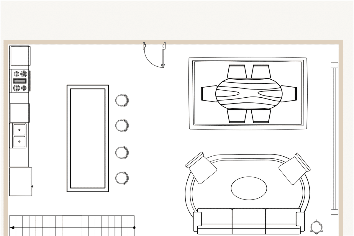 Rectangular open concept kitchen + living room layouts and floor plan ...