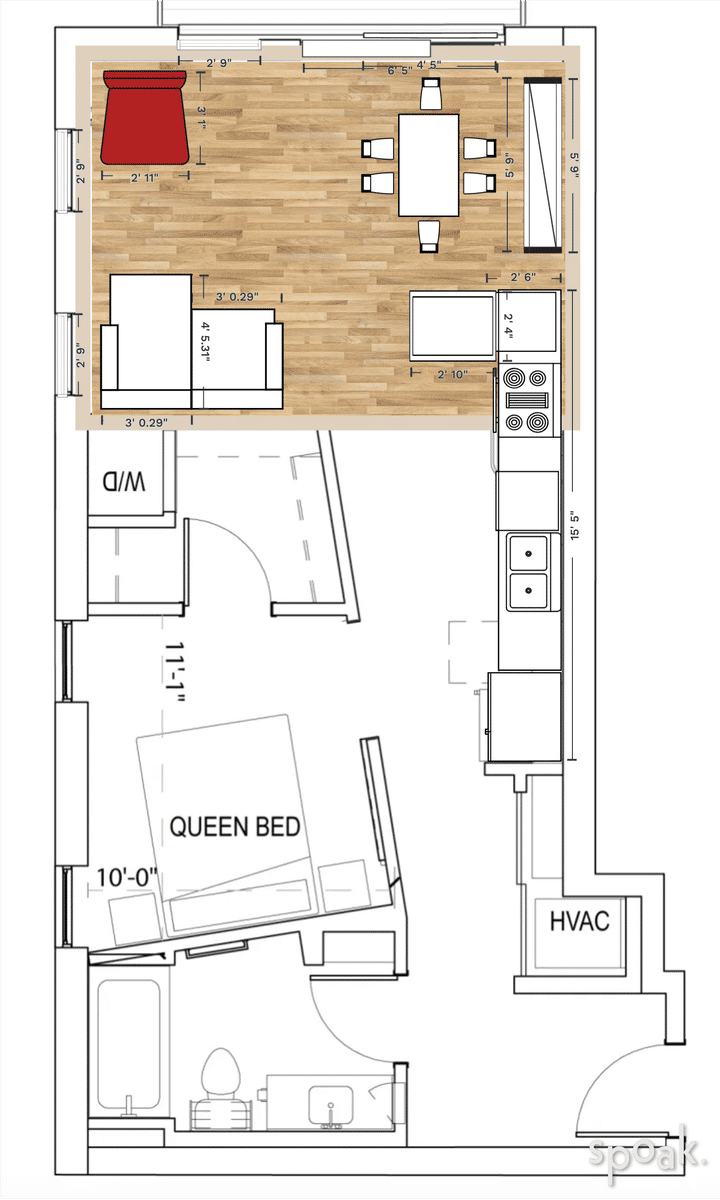 Rectangular open concept kitchen + living room layouts and floor plan ...