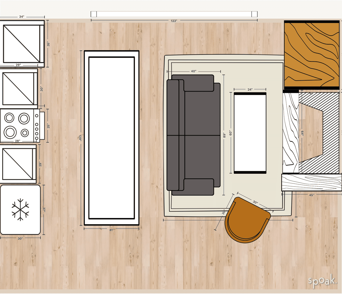 Rectangular open concept kitchen + living room layouts and floor plan ...