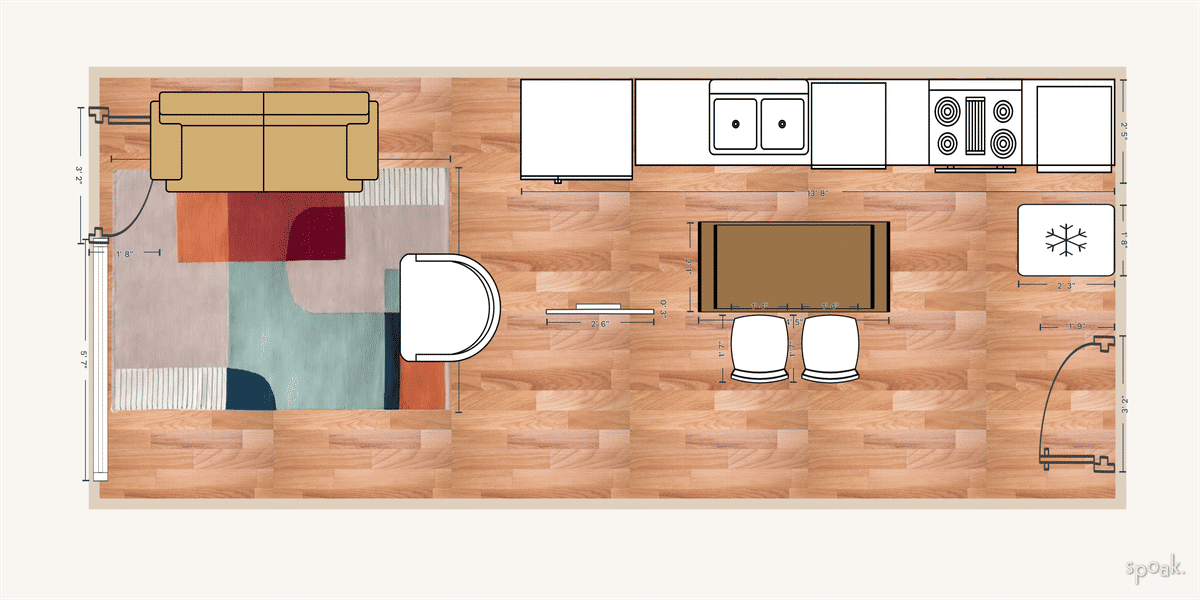 Rectangular open concept kitchen + living room layouts and floor plan ...