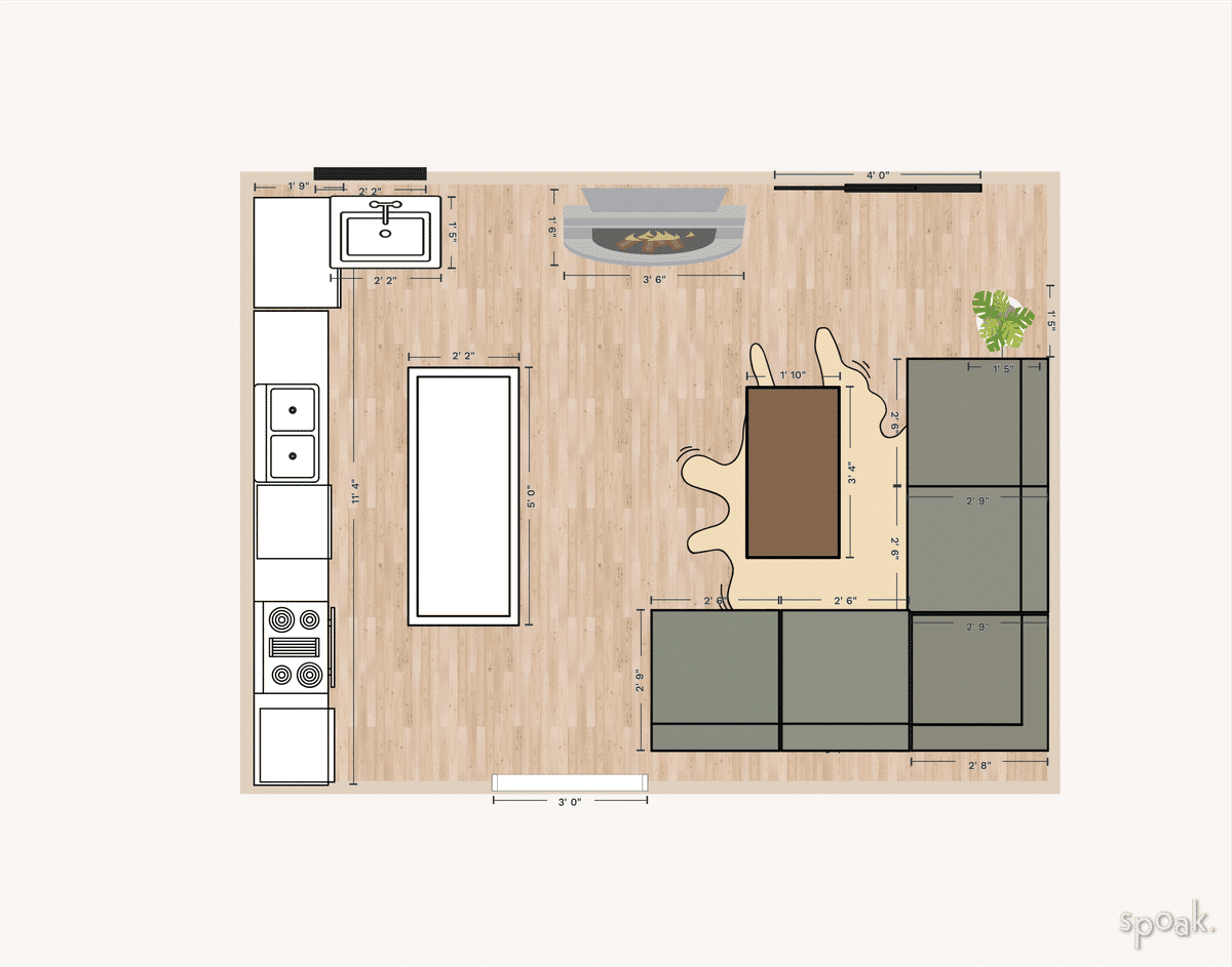 Rectangular open concept kitchen + living room layouts and floor plan ...