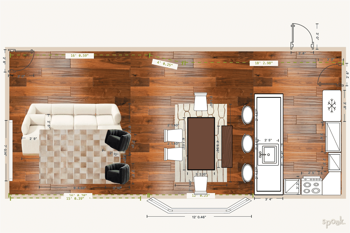 Rectangular open concept kitchen + living room layouts and floor plan ...