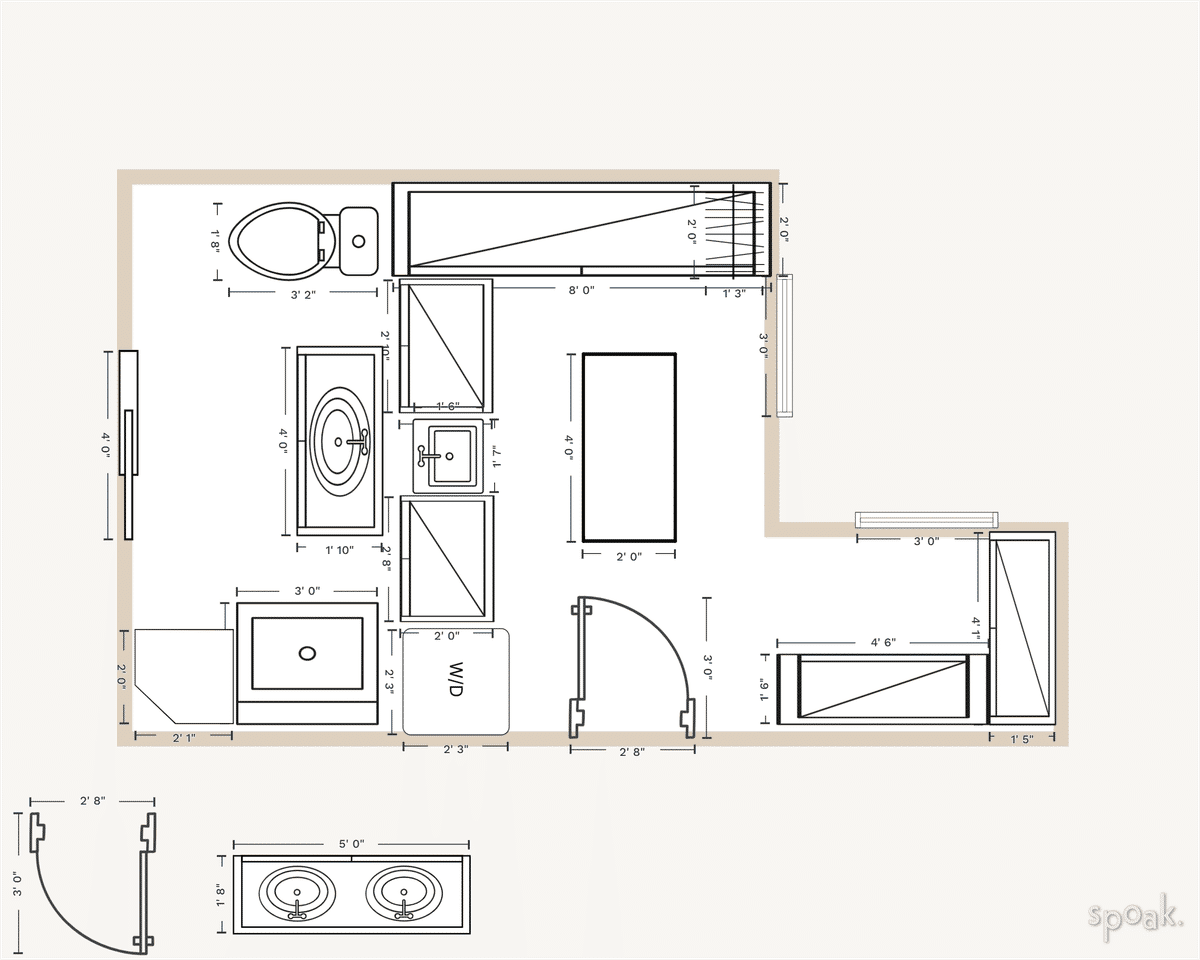 L-shaped bathroom layouts and floor plan ideas.