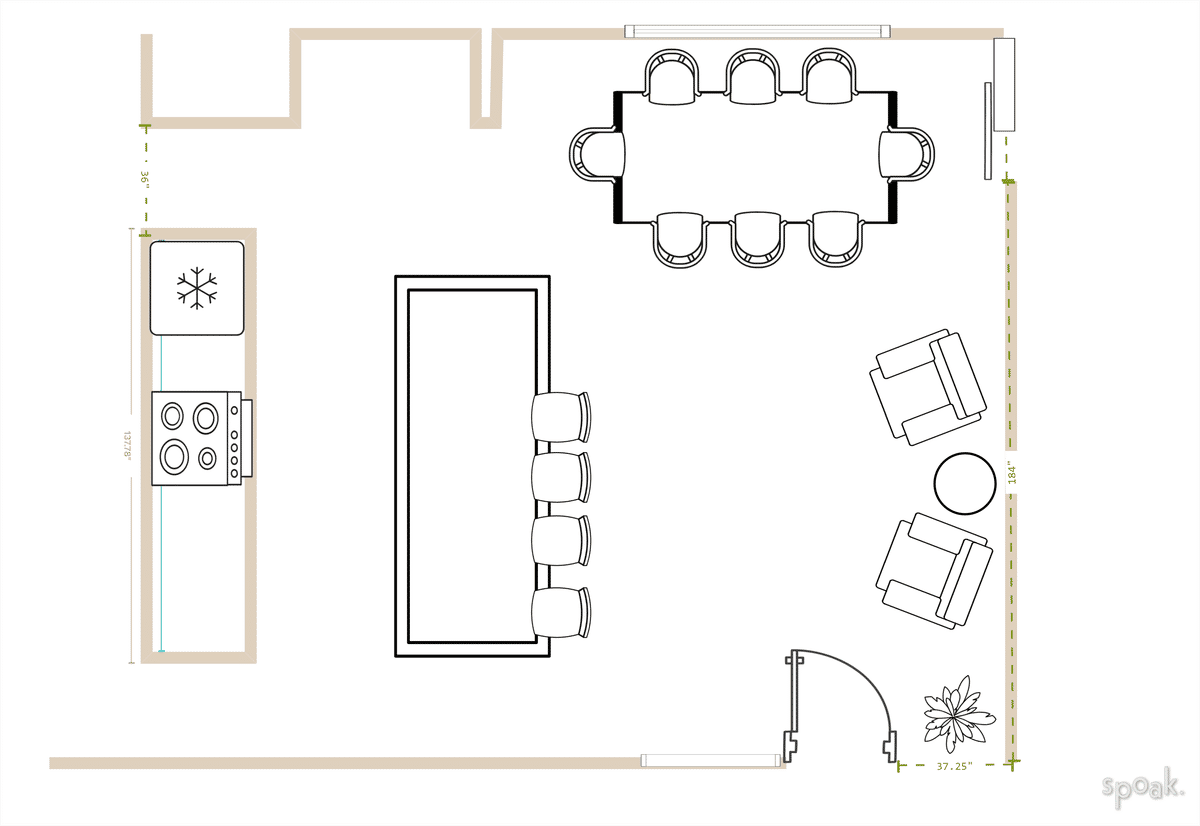 Rectangular open concept kitchen + living room layouts and floor plan ...