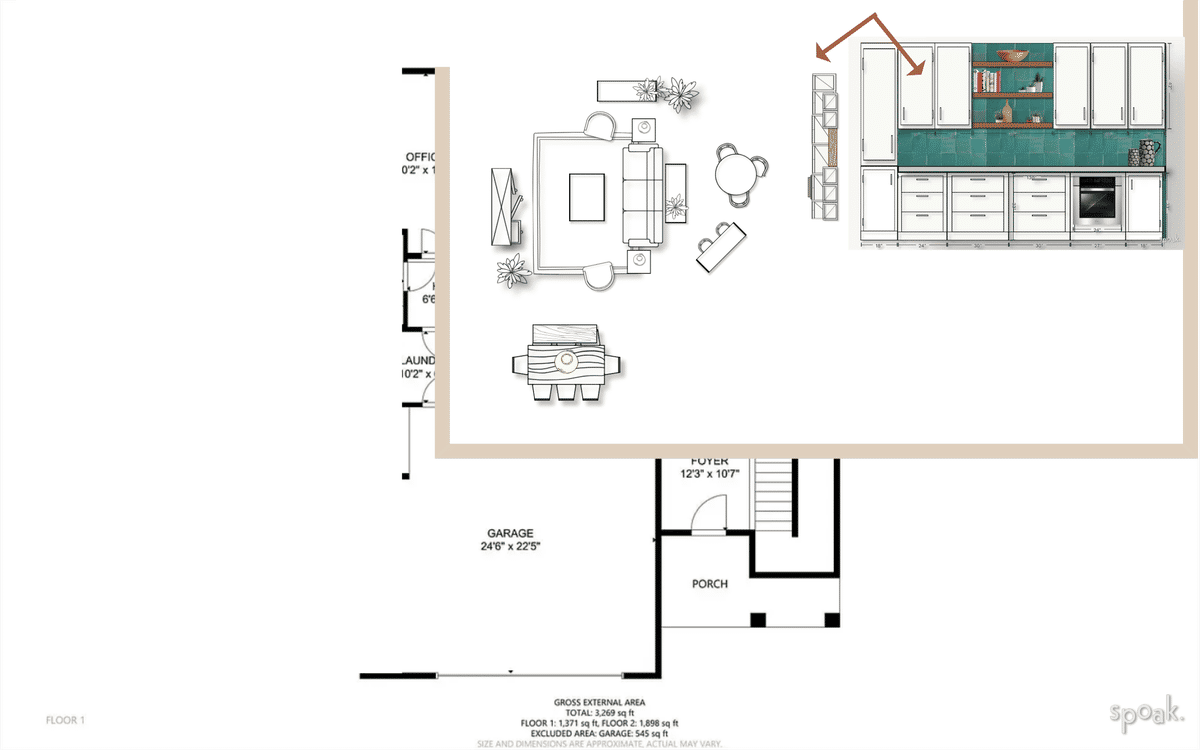 Rectangular open concept kitchen + living room layouts and floor plan ...